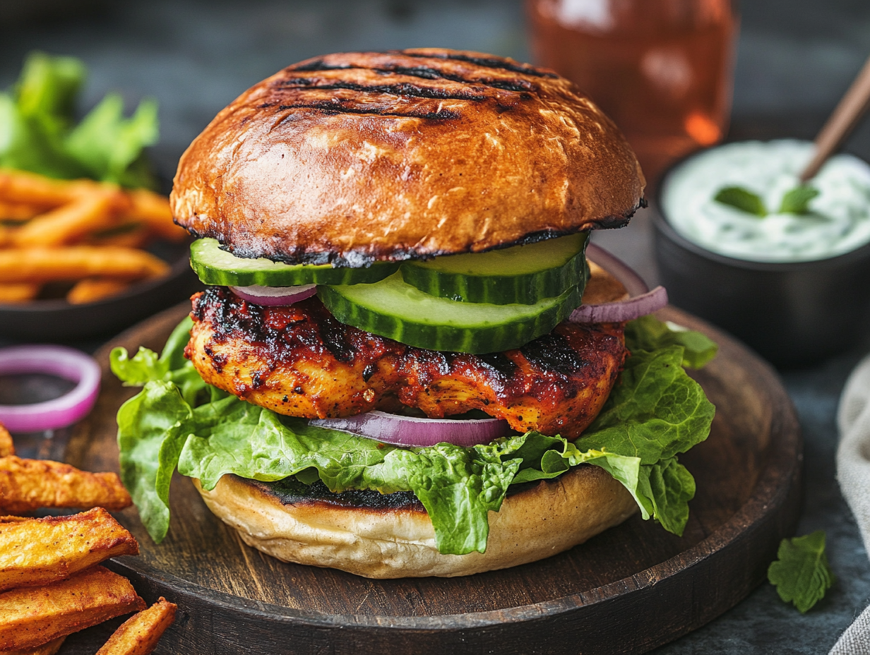 Spice-Packed Tandoori Chicken Burger with Mint Yogurt Sauce