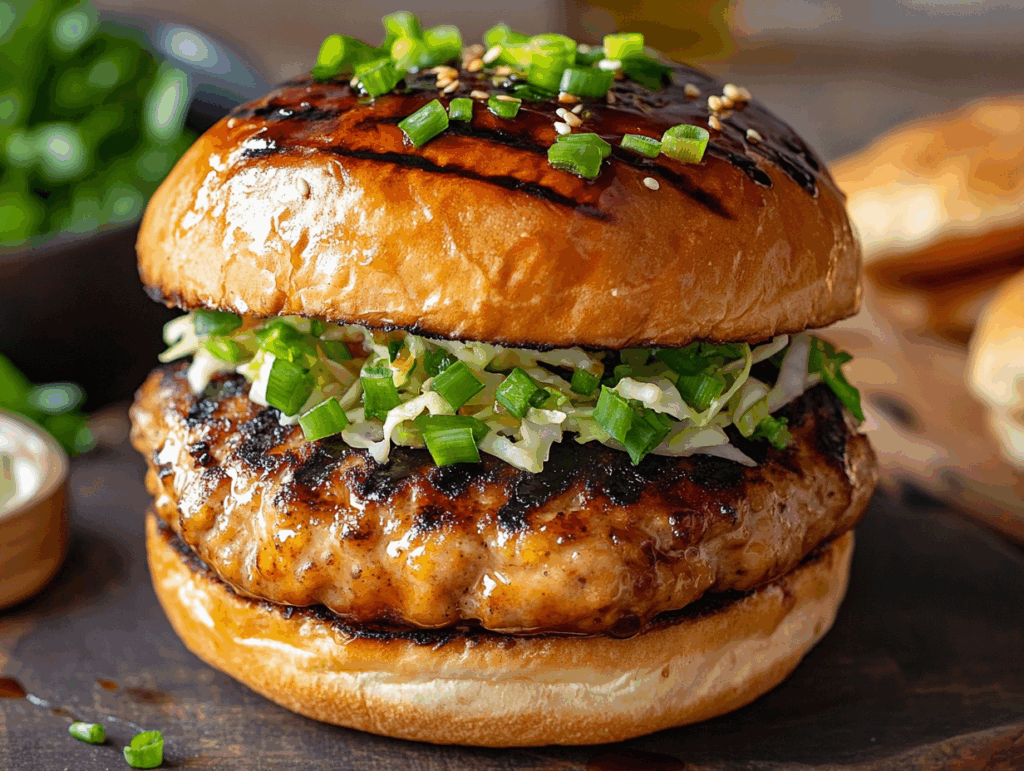 Gourmet Japanese Yakitori Chicken Burger with Teriyaki Glaze
